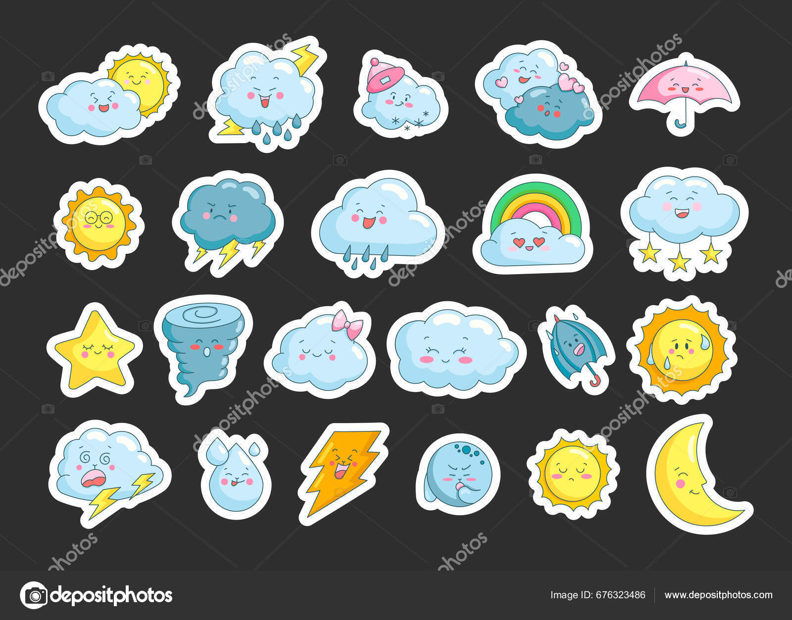 Cute Weather Characters Sticker Bookmark Weather Forecast Vector ...