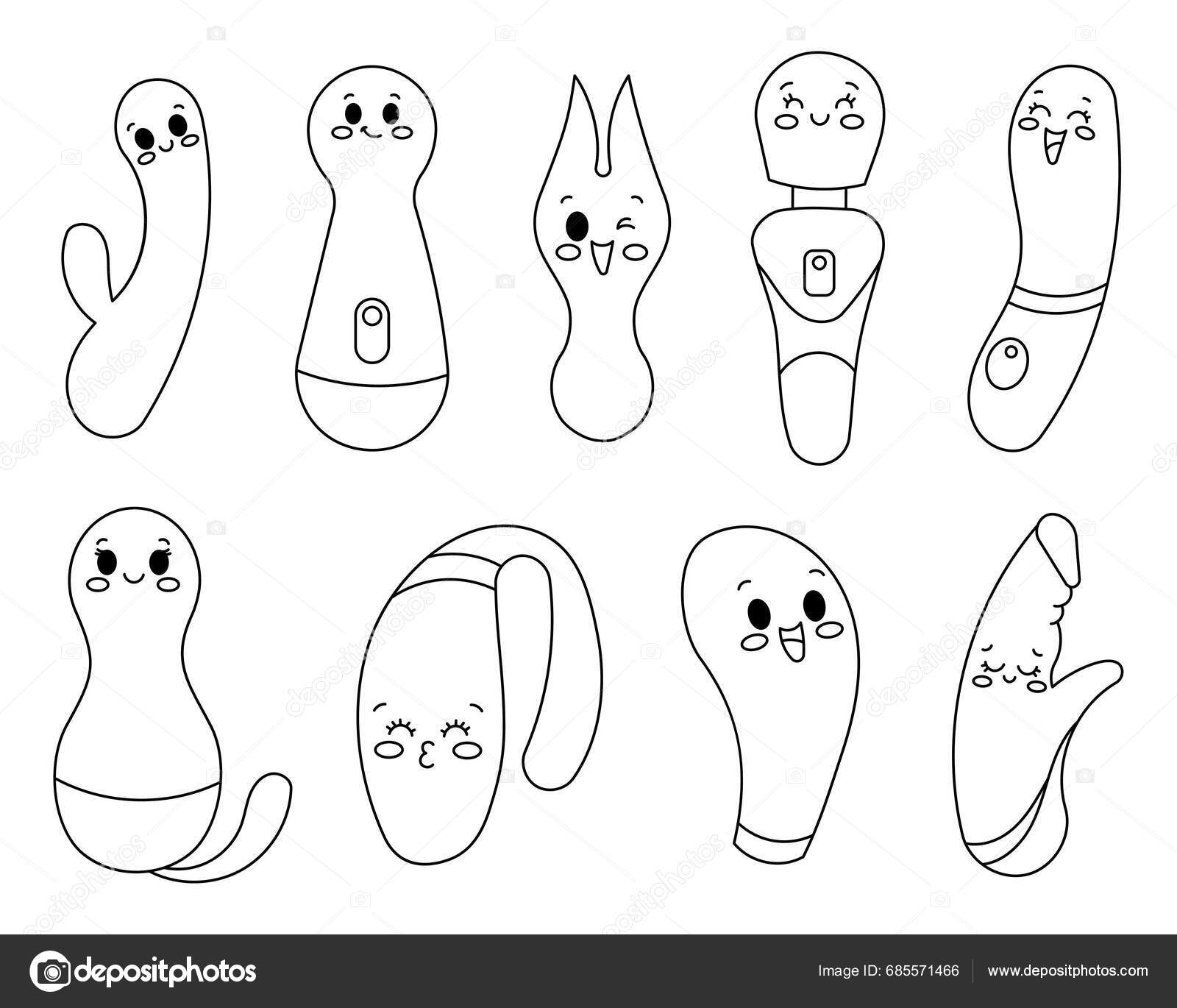 Cute Happy Smiling Dildo Vibrator Cartoon Characters Coloring Page Kawaii Vector De Stock