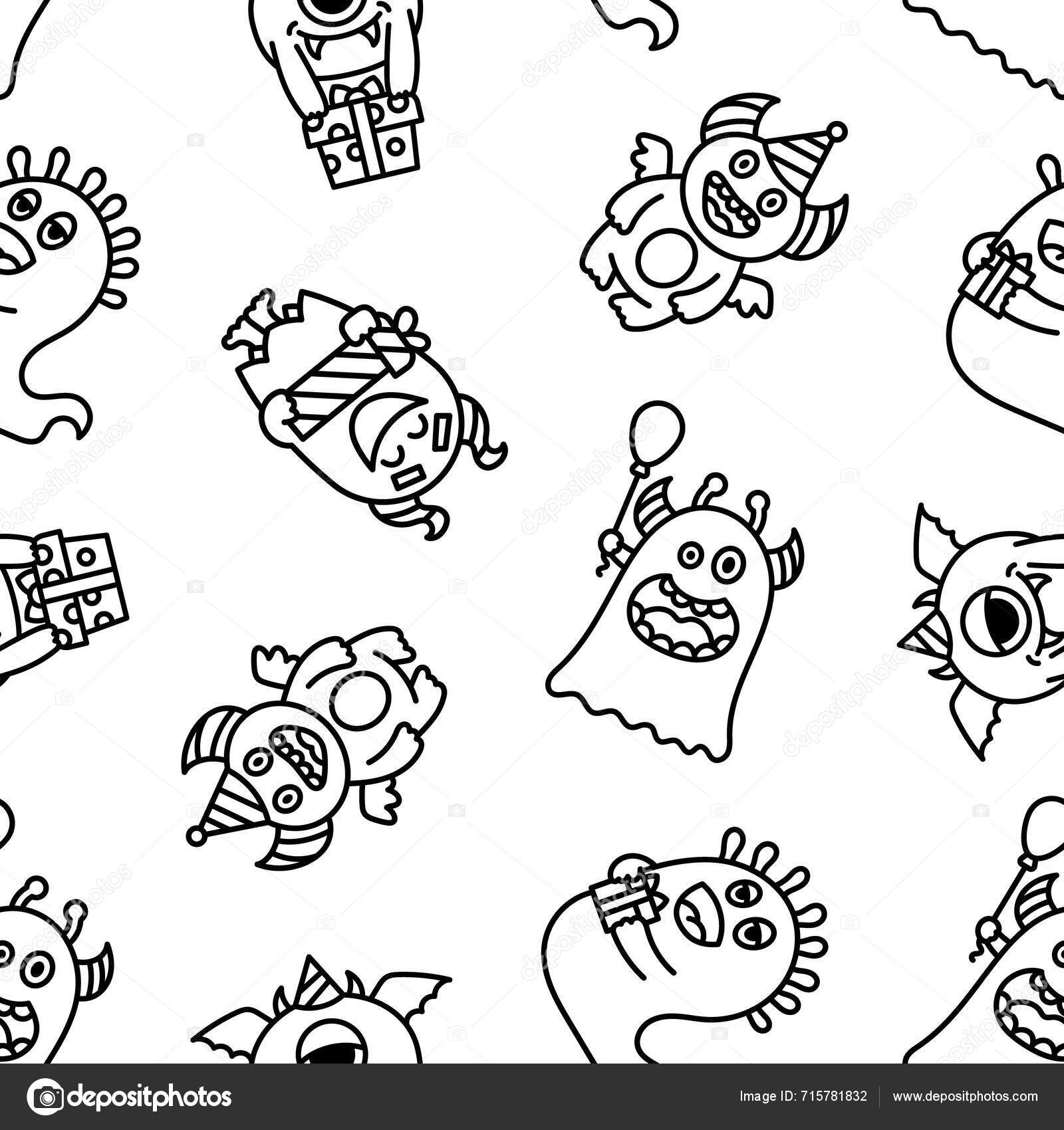Kawaii Cute Party Monsters Seamless Pattern Coloring Page Happy ...