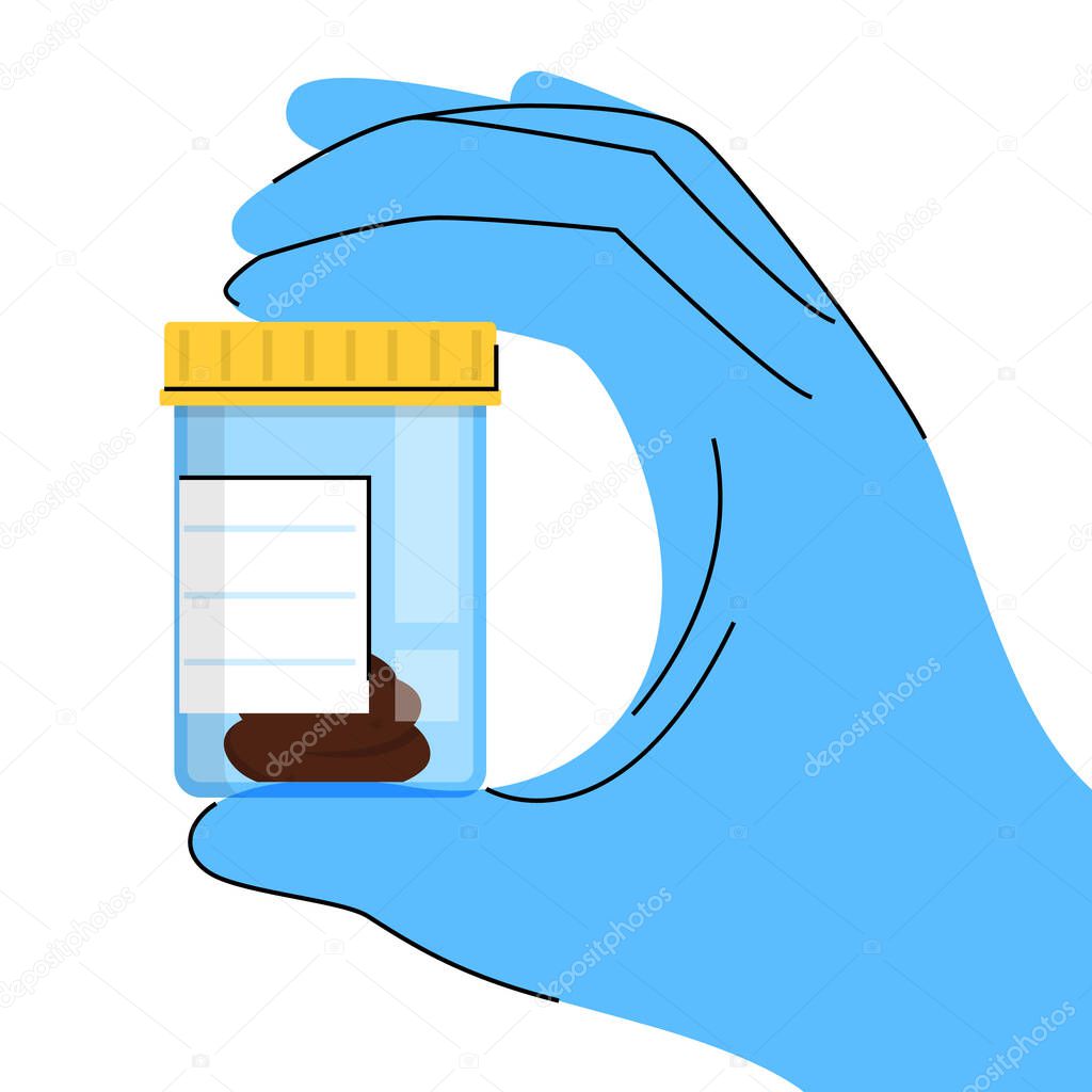 Guante azul que sostiene el recipiente de plástico con la muestra de ...