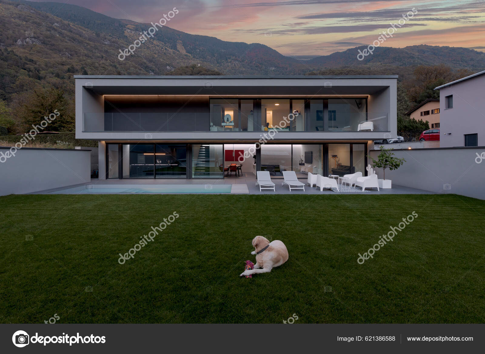 Frontal View Modern House Swimming Pool Garden Illuminated Led Lights ...