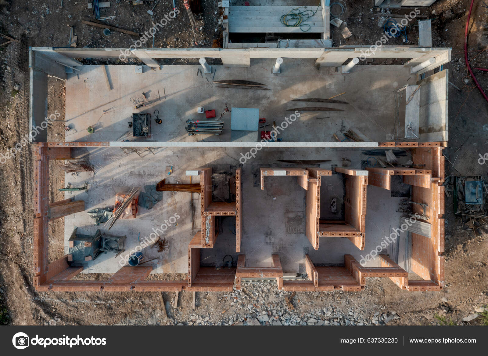 Aerial Drone View Outbuilding Construction Roofless Walls Made Bricks ...