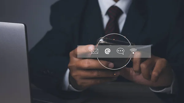 Contact us or Customer support hotline people connect. Man touching ...