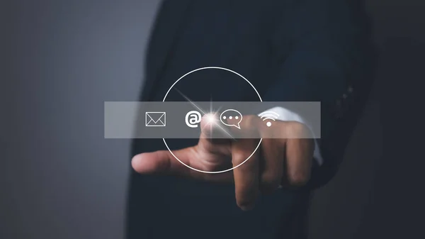 Contact us or Customer support hotline people connect. Man touching ...