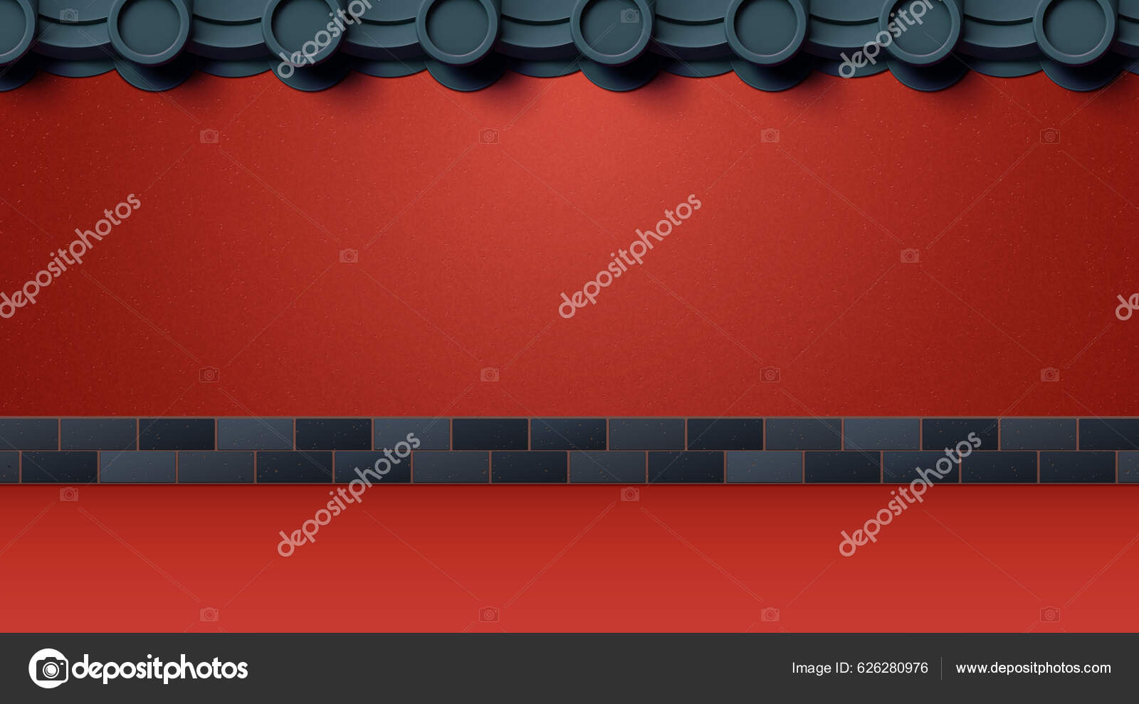 Illustrated Classic Chinese Design Structure Red Wall Grey Blue Tile ...