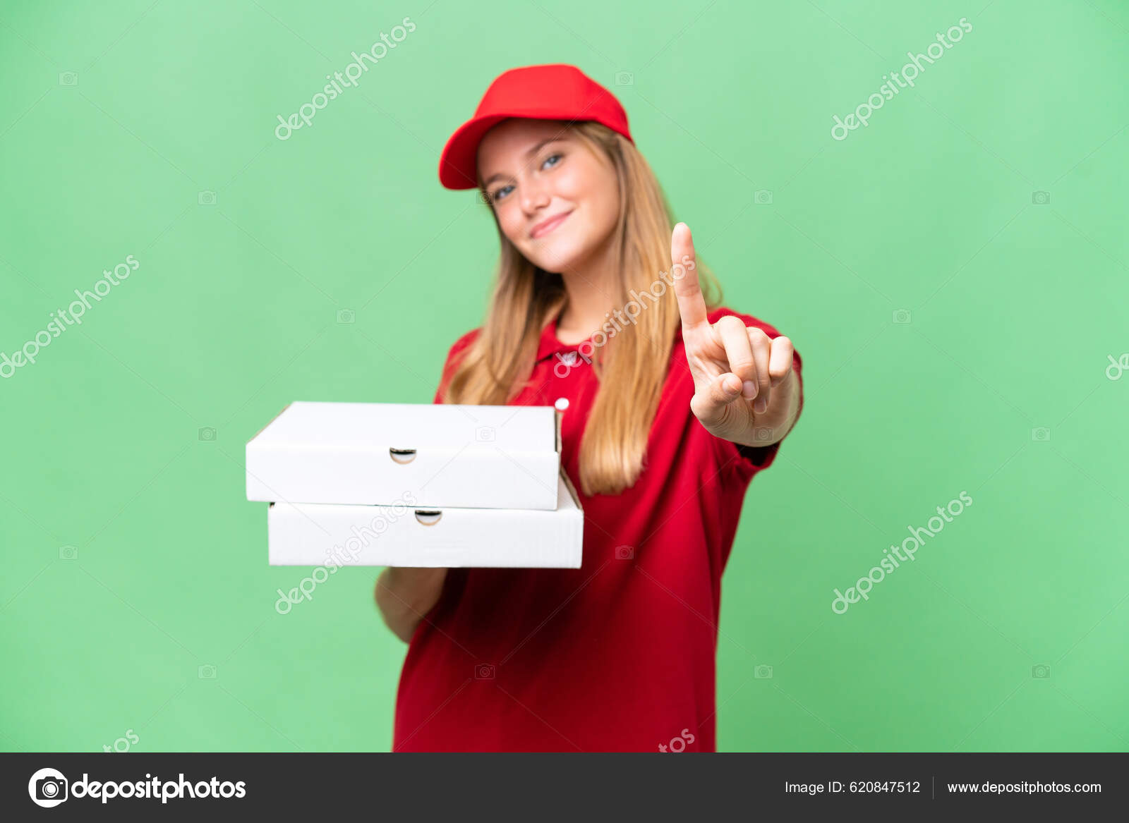Young Caucasian Pizza Delivery Woman Work Uniform Picking Pizza Boxes ...
