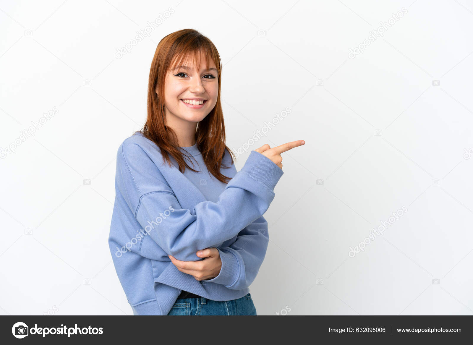 Redhead Girl Isolated White Background Pointing Finger Side — Stock ...