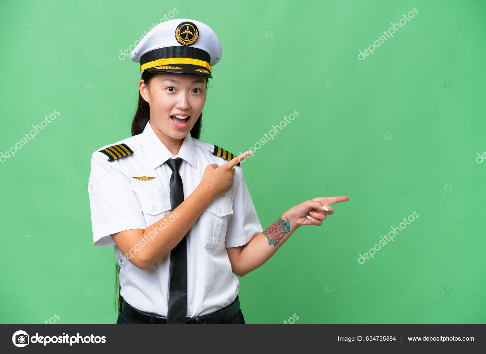 Airplane Pilot Asian Woman Isolated Background Surprised Pointing Side ...
