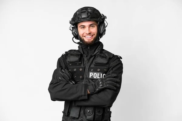 Swat Isolated White Background Covering Eyes Hands Smiling Stock Photo ...