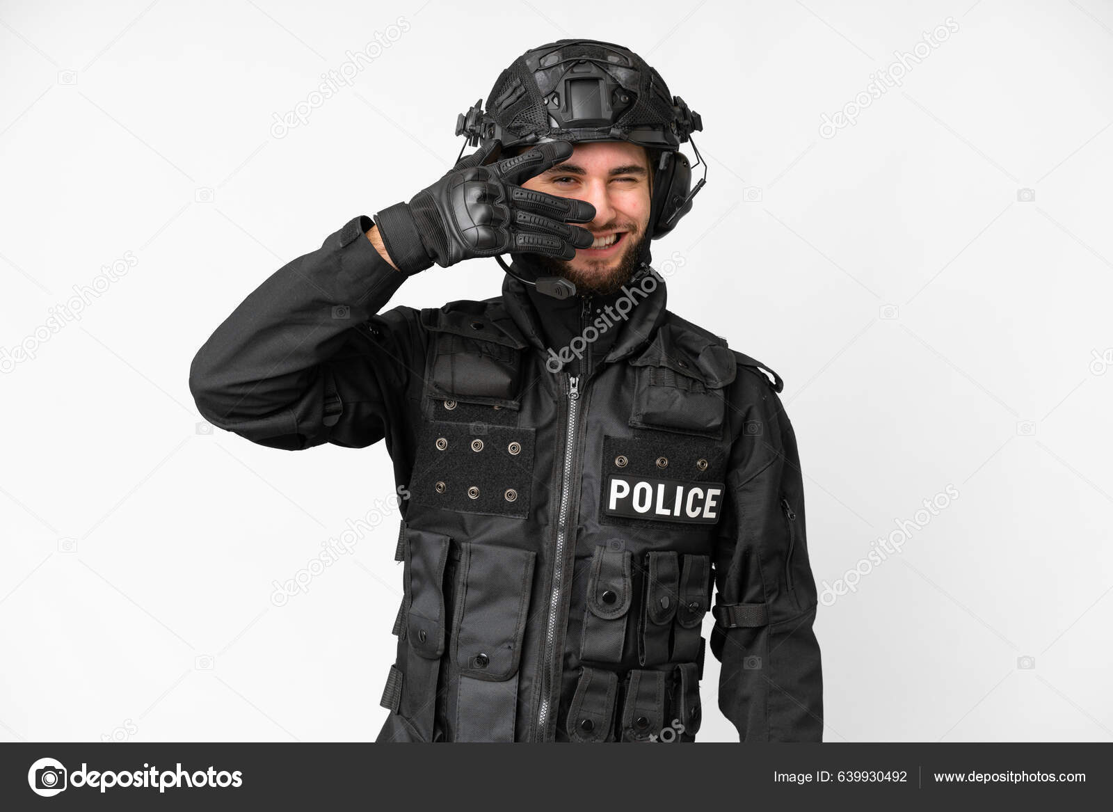 Swat Isolated White Background Covering Eyes Hands Smiling Stock Photo ...