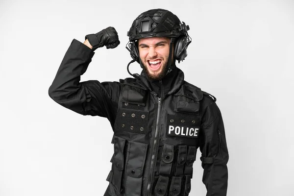 Swat Isolated White Background Covering Eyes Hands Smiling Stock Photo ...