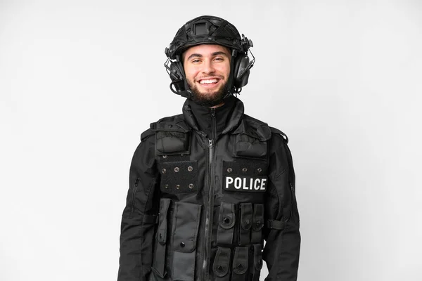 Swat Isolated White Background Covering Eyes Hands Smiling Stock Photo ...