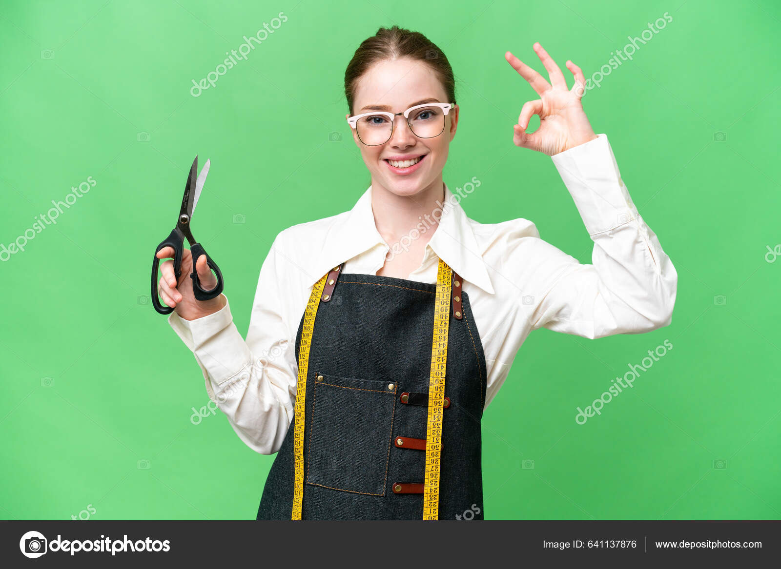 Seamstress Woman Isolated Chroma Key Background Showing Sign Fingers ...