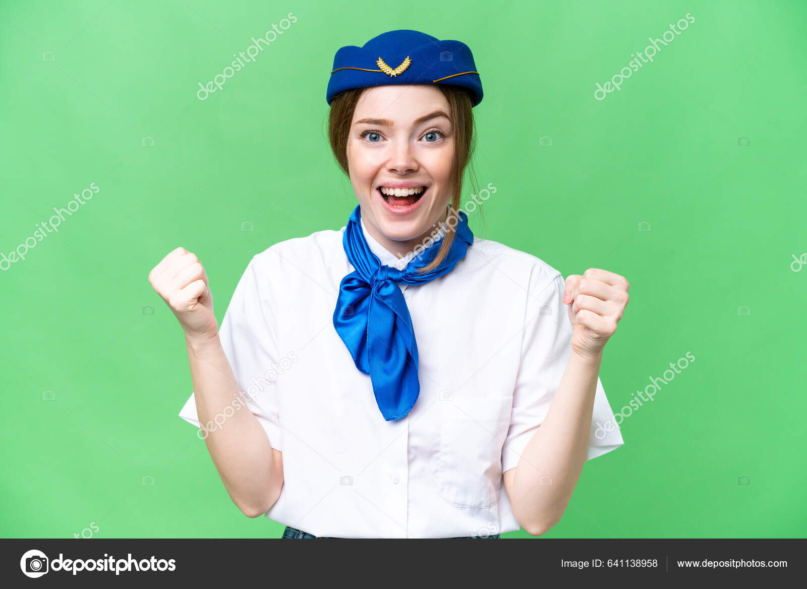 Airplane Stewardess Isolated Chroma Key Background Celebrating Victory ...