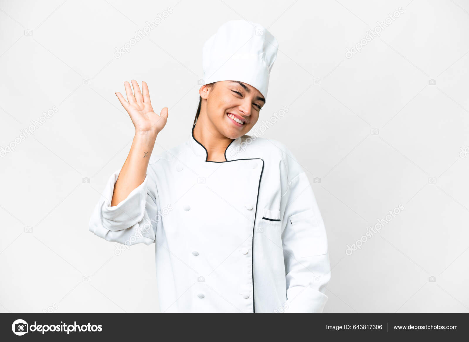 Young Woman Chef Isolated White Background Saluting Hand Happy ...