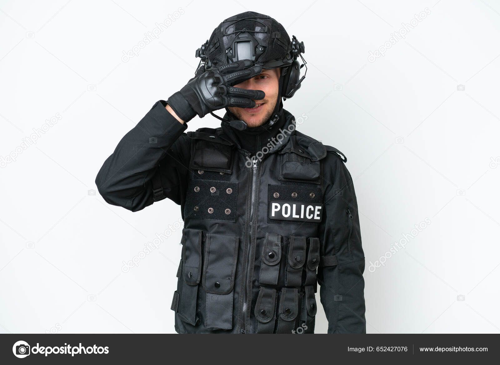 Swat Man Isolated White Background Covering Eyes Hands Smiling — Stock ...