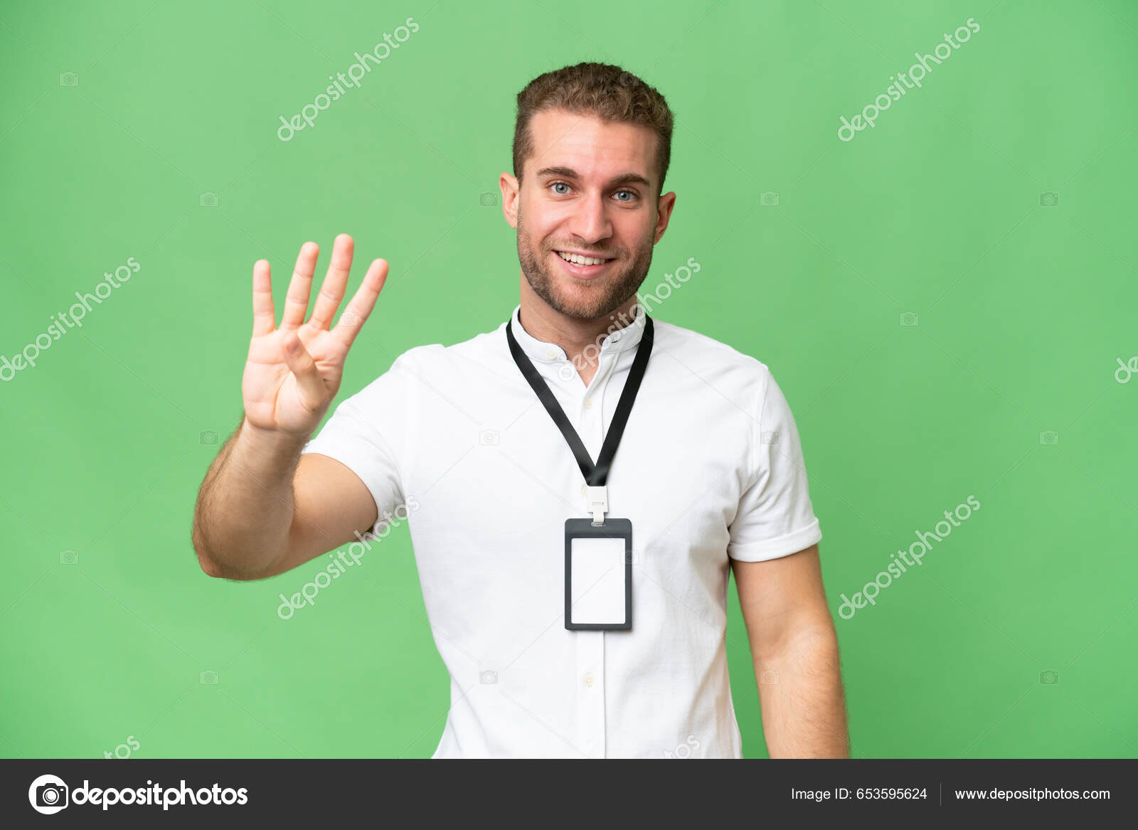 Young Caucasian Man Card Isolated Green Chroma Background Happy ...