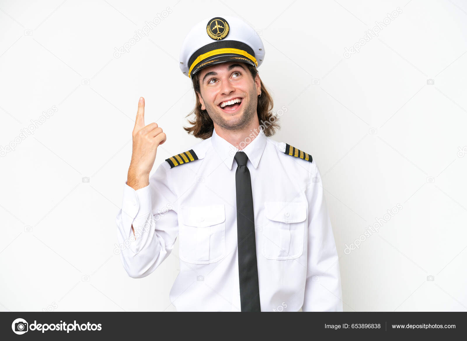 Handsome Airplane Pilot Isolated White Background Pointing Surprised ...