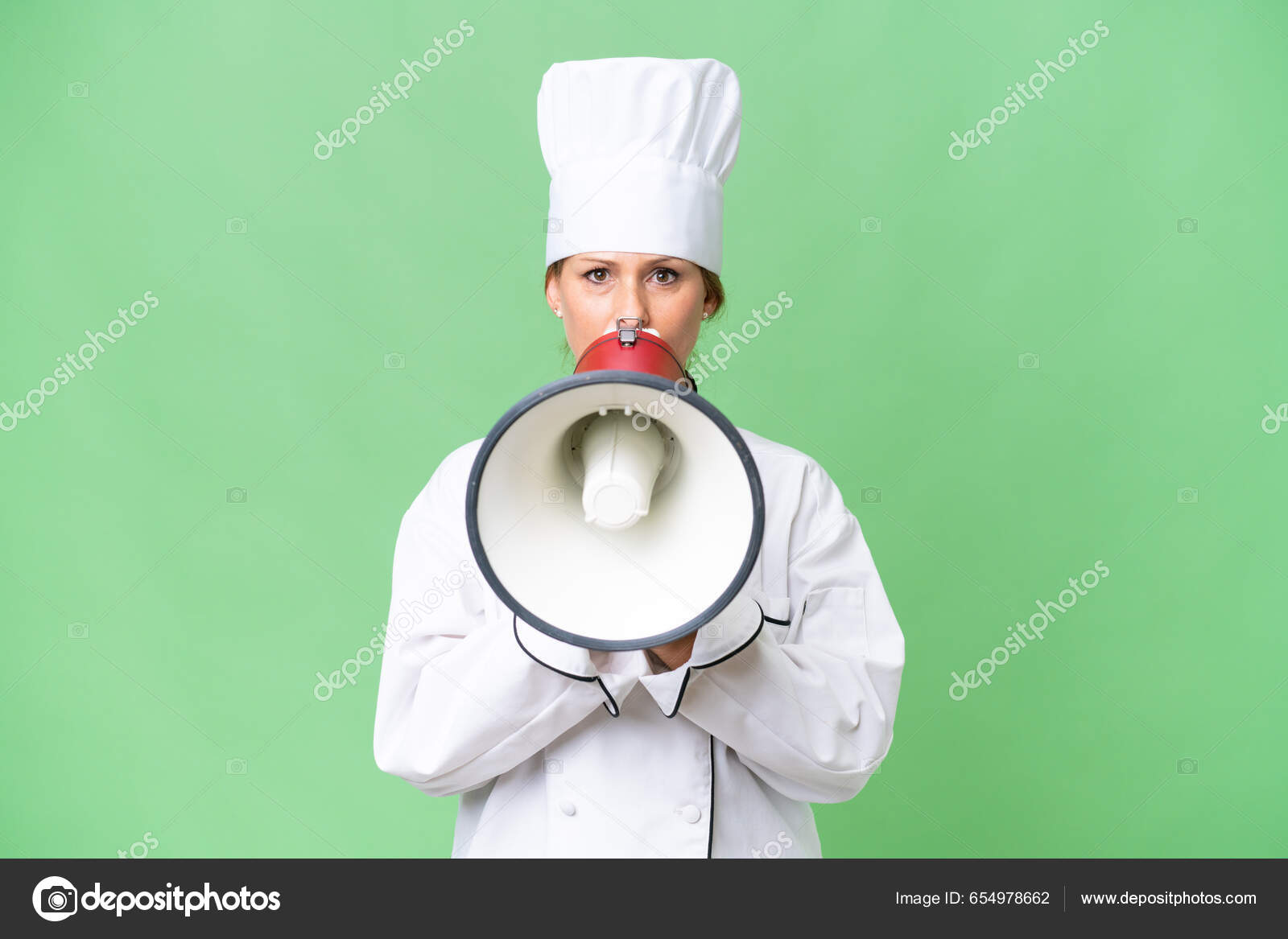 Middle Aged Chef Woman Isolated Background Shouting Megaphone — Stock ...