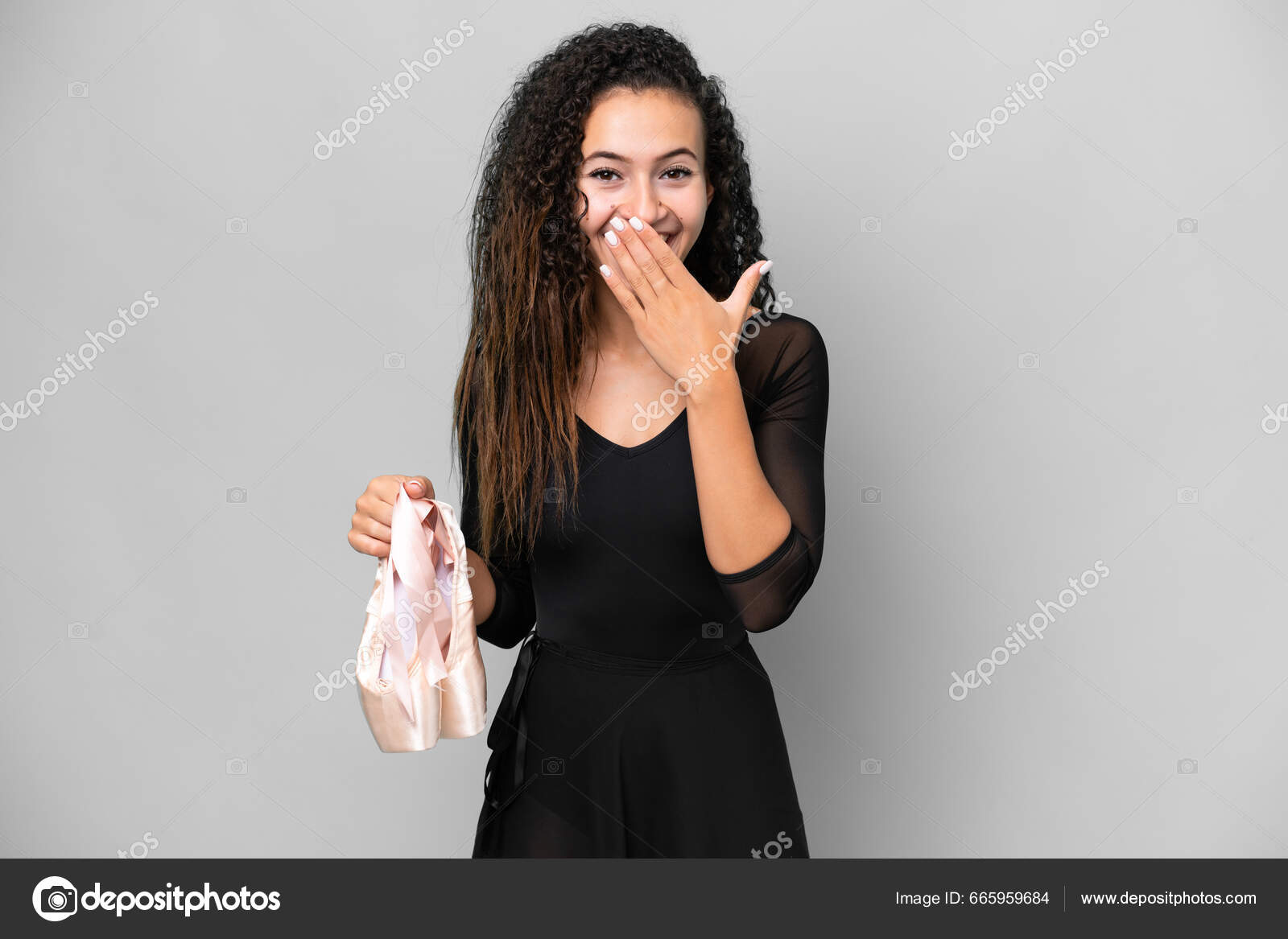 Young Arab Woman Dancing Ballet Isolated Grey Background Happy Smiling ...
