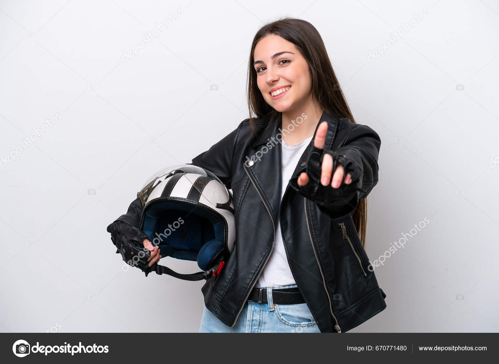 Young Girl Motorcycle Helmet Isolated White Background Showing Lifting ...