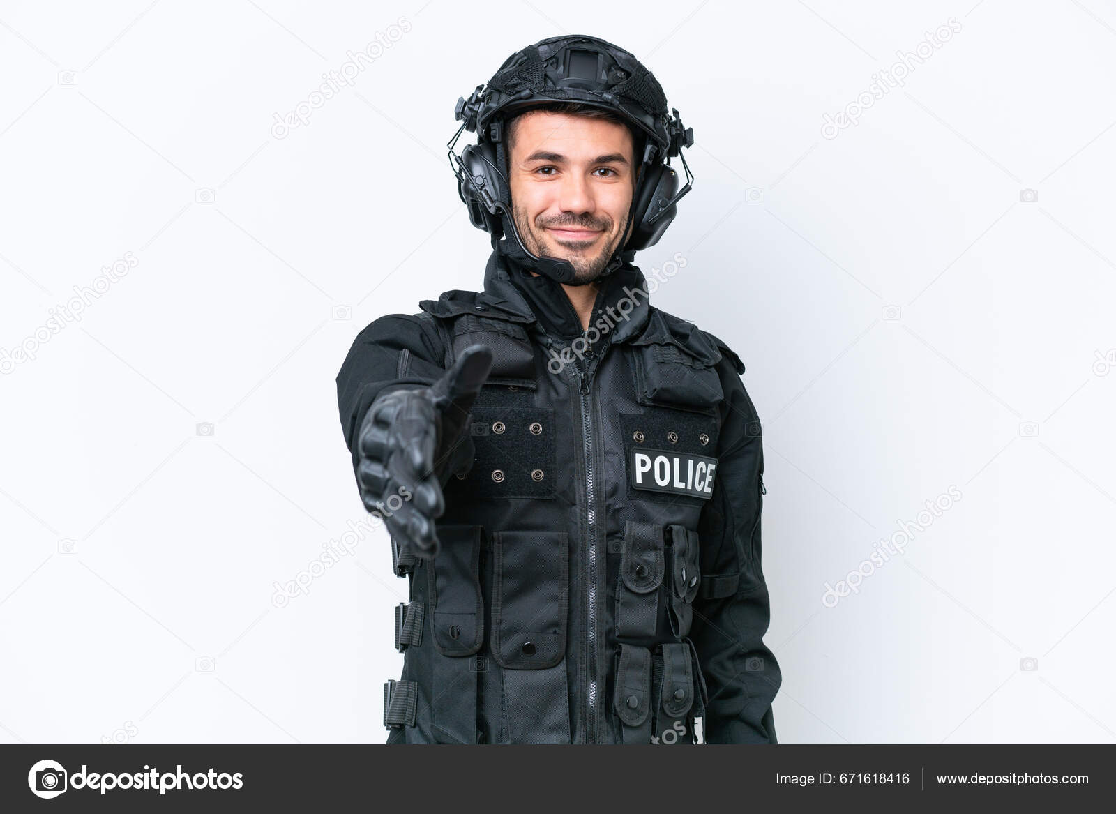 Young Caucasian Swat Man Isolated White Background Shaking Hands ...