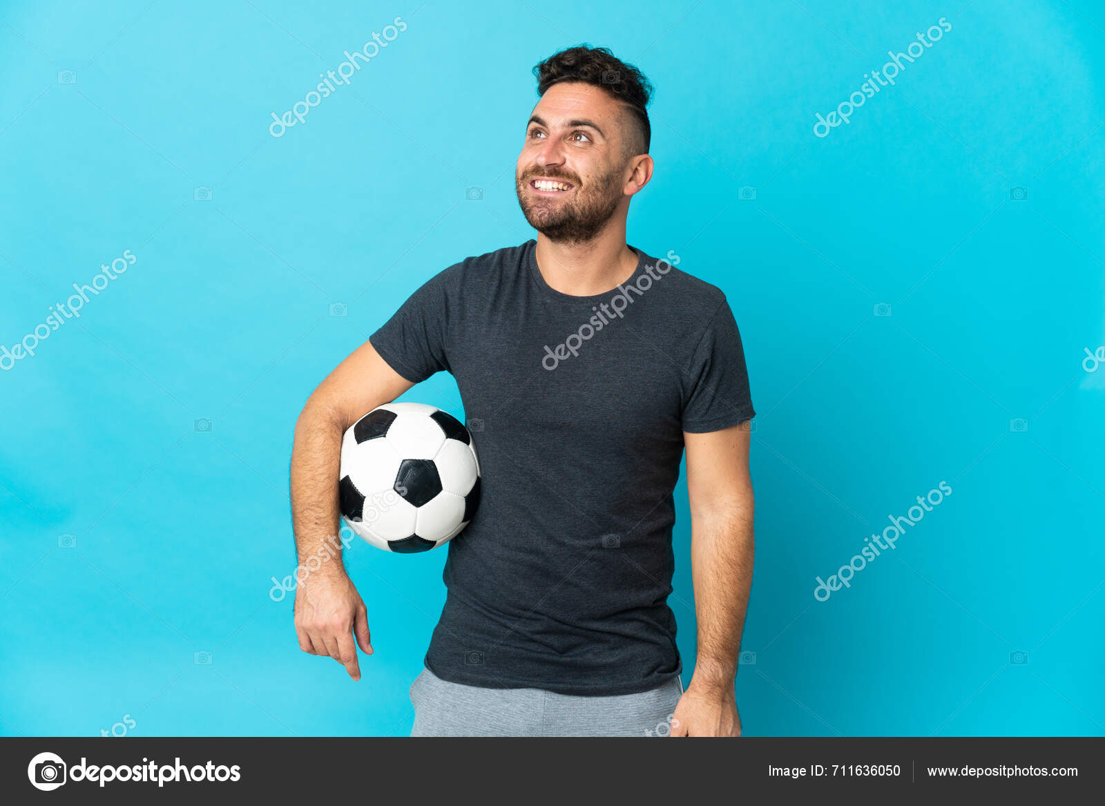 Football Player Isolated Blue Background Thinking Idea While Looking ...
