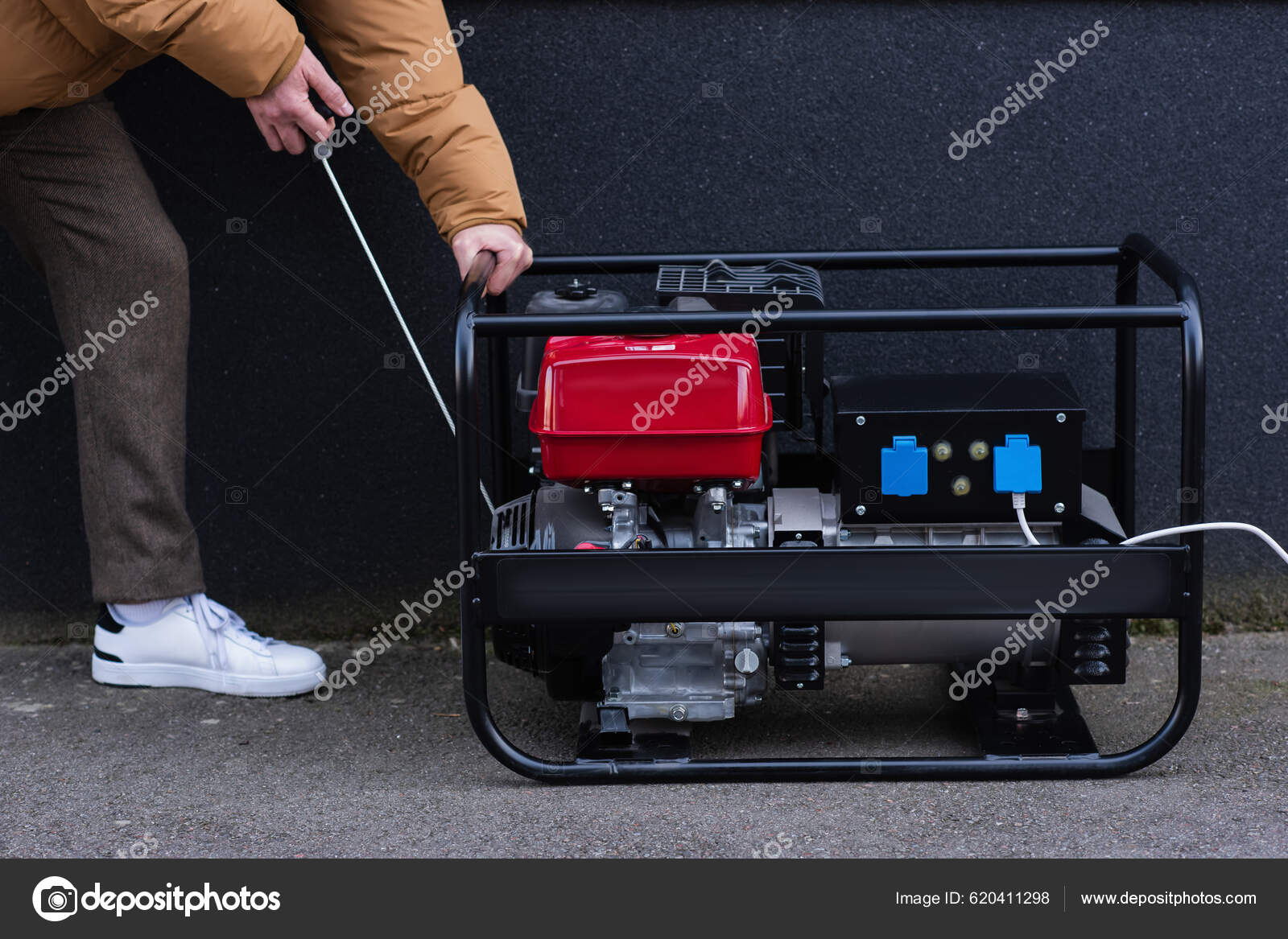 Partial View Man Starting Electricity Generator Energy Blackout Stock ...