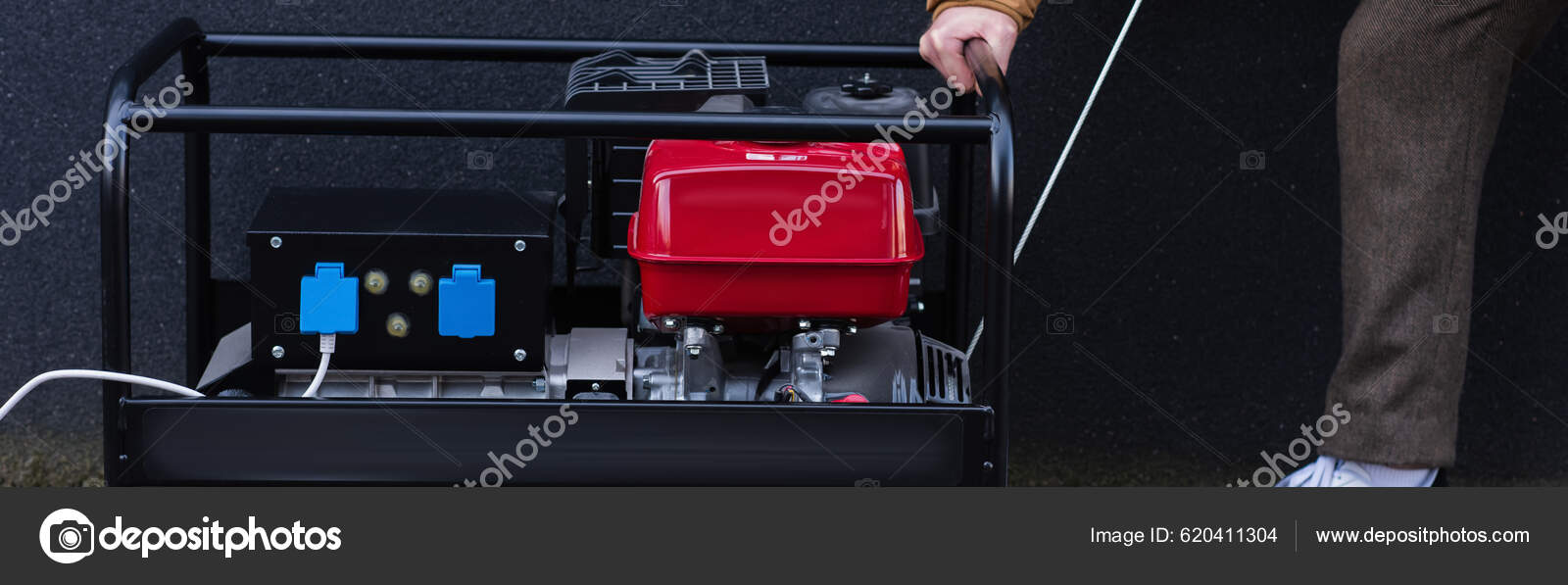 Cropped View Man Starting Power Generator Energy Blackout Banner ...