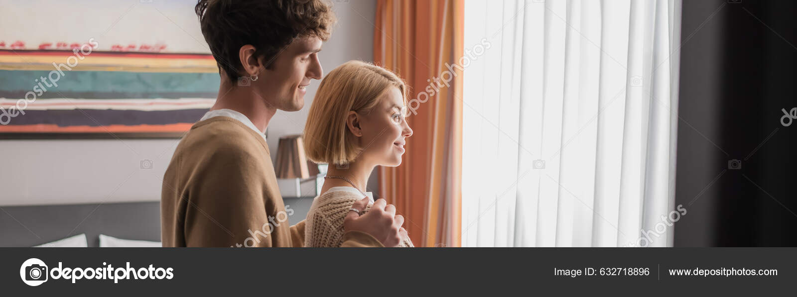 Side View Happy Man Hugging Shoulders Smiling Blonde Girlfriend Window ...
