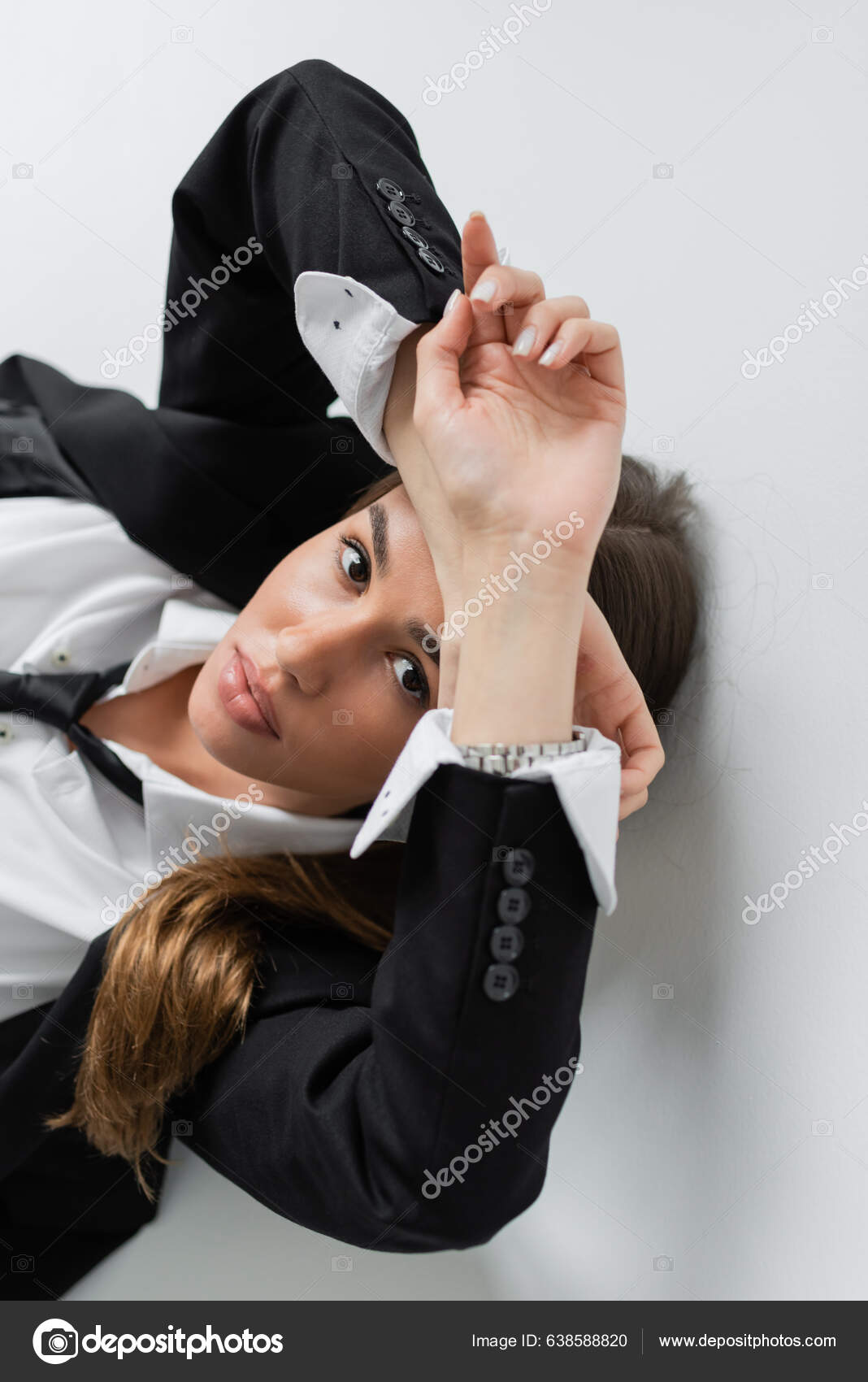 Top View Young Brunette Woman Black Formal Wear Looking Camera — Stock ...