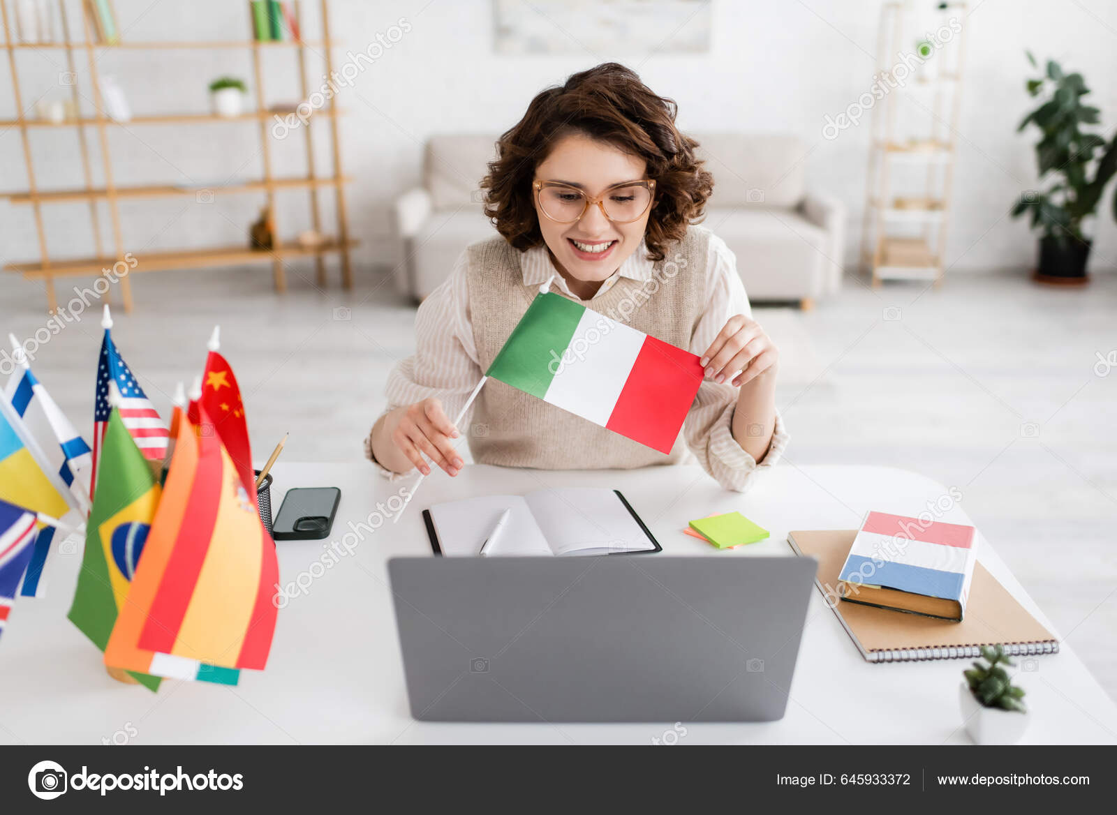 Joyful Language Teacher Showing Italian Flag Online Lesson Laptop Notebooks — Stock Photo ...