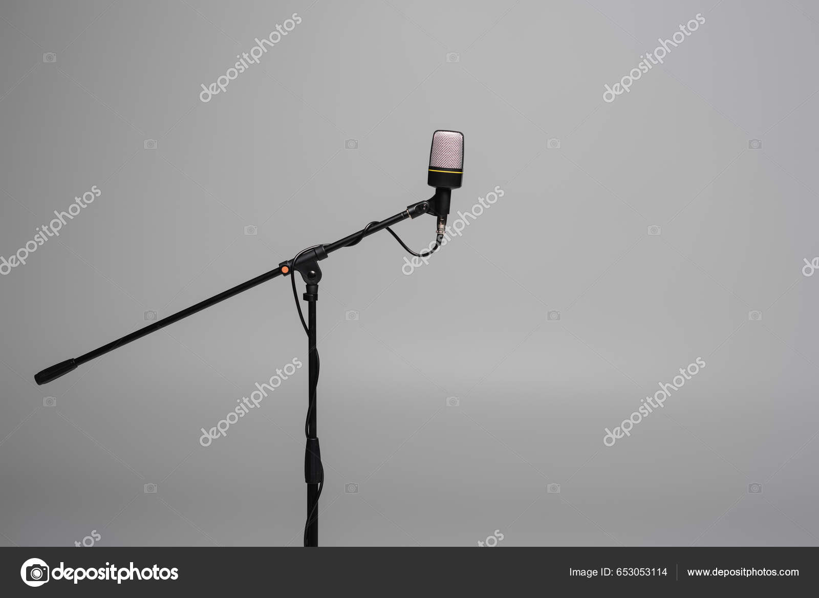 Black Microphone Wire Metal Stand Isolated Grey Copy Space Studio ...