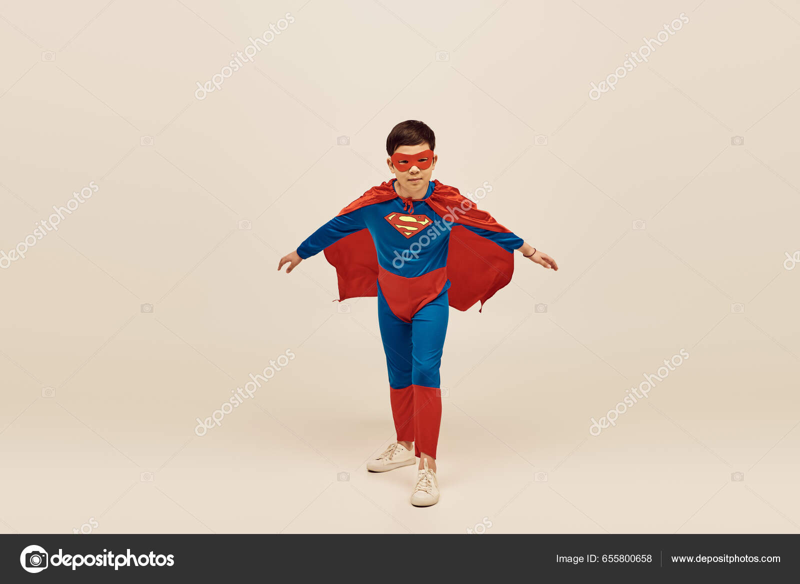 Courageous Asian Boy Red Blue Superhero Costume Cloak Mask Face — Stock ...