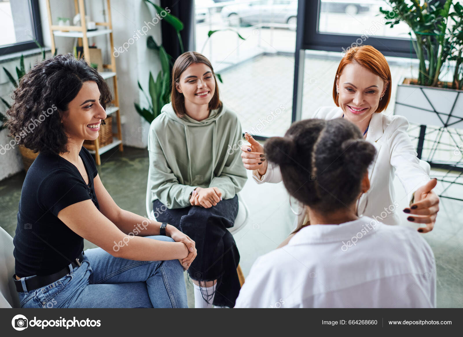 Happy Redhead Motivation Coach Sitting Outstretched Hands Talking ...