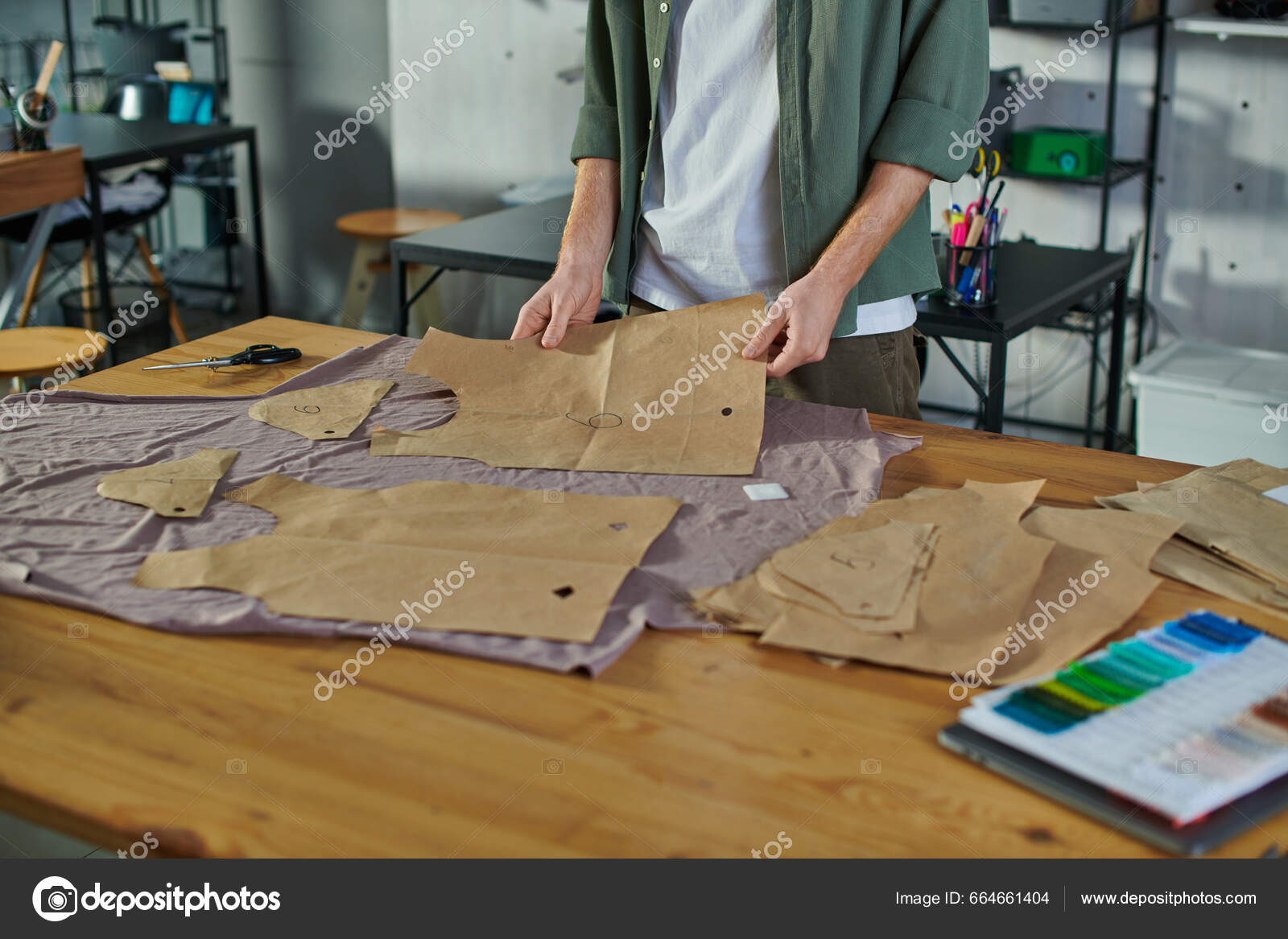 Cropped View Young Artisan Putting Sewing Pattern Fabric Cloth Samples ...