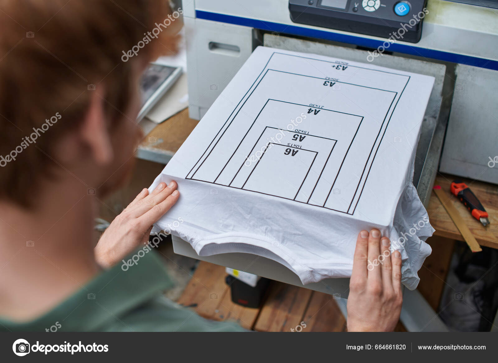 High Angle View Young Blurred Craftsman Working Shirt Marking Screen ...