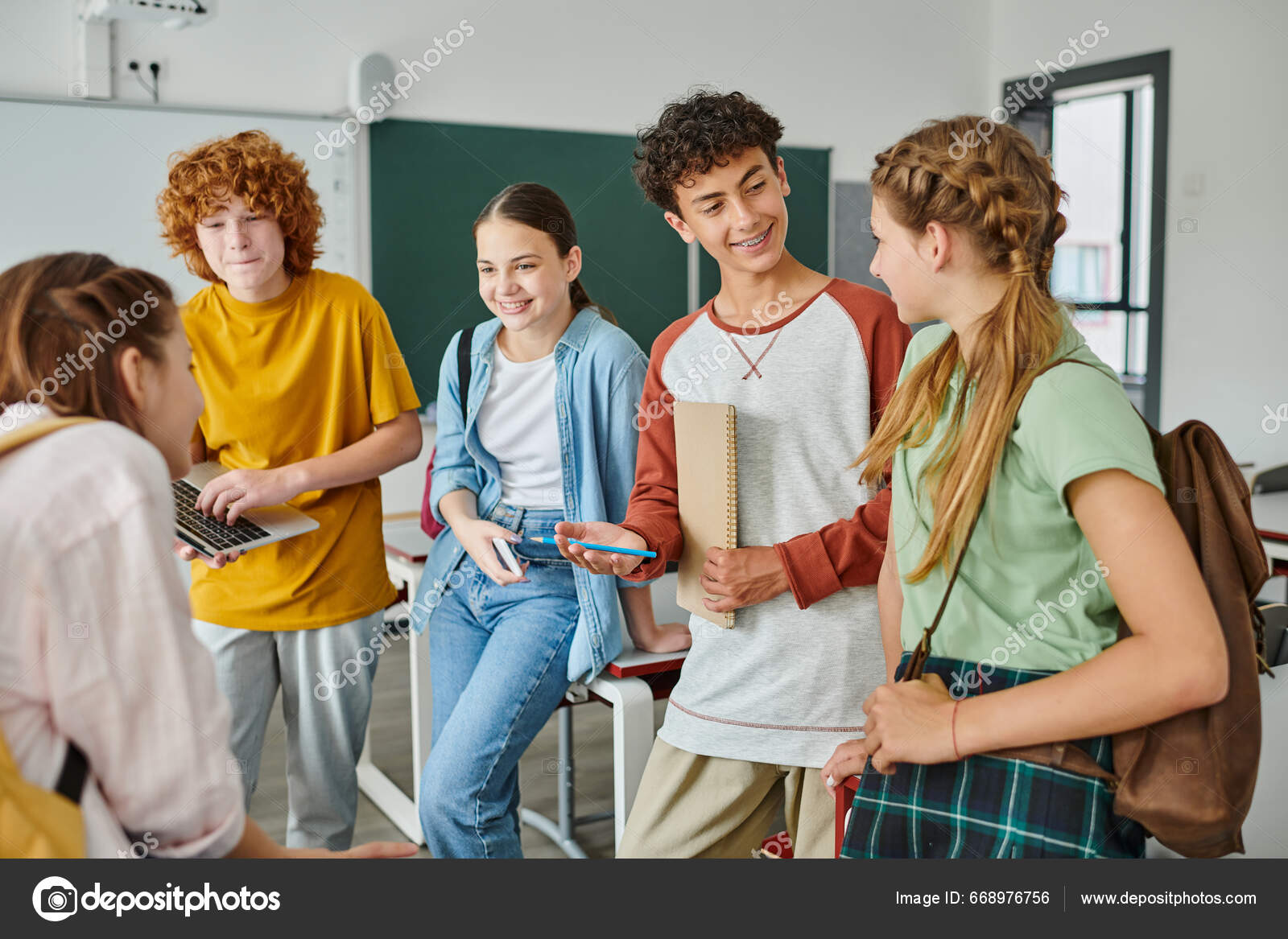 Happy Teenagers Talking Classroom Back School Classmates Communicating ...