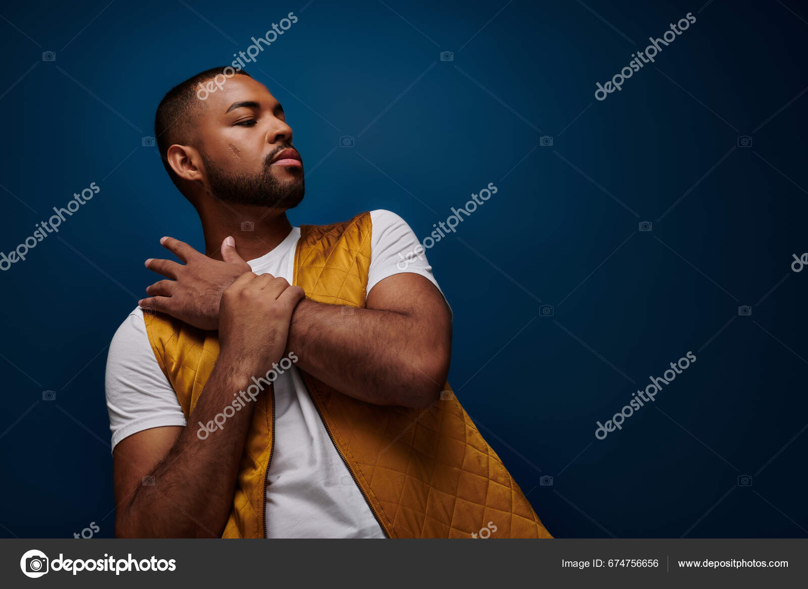 Young Bearded Man Yellow Vest Slightly Bending Back Hands Chest — Stock ...