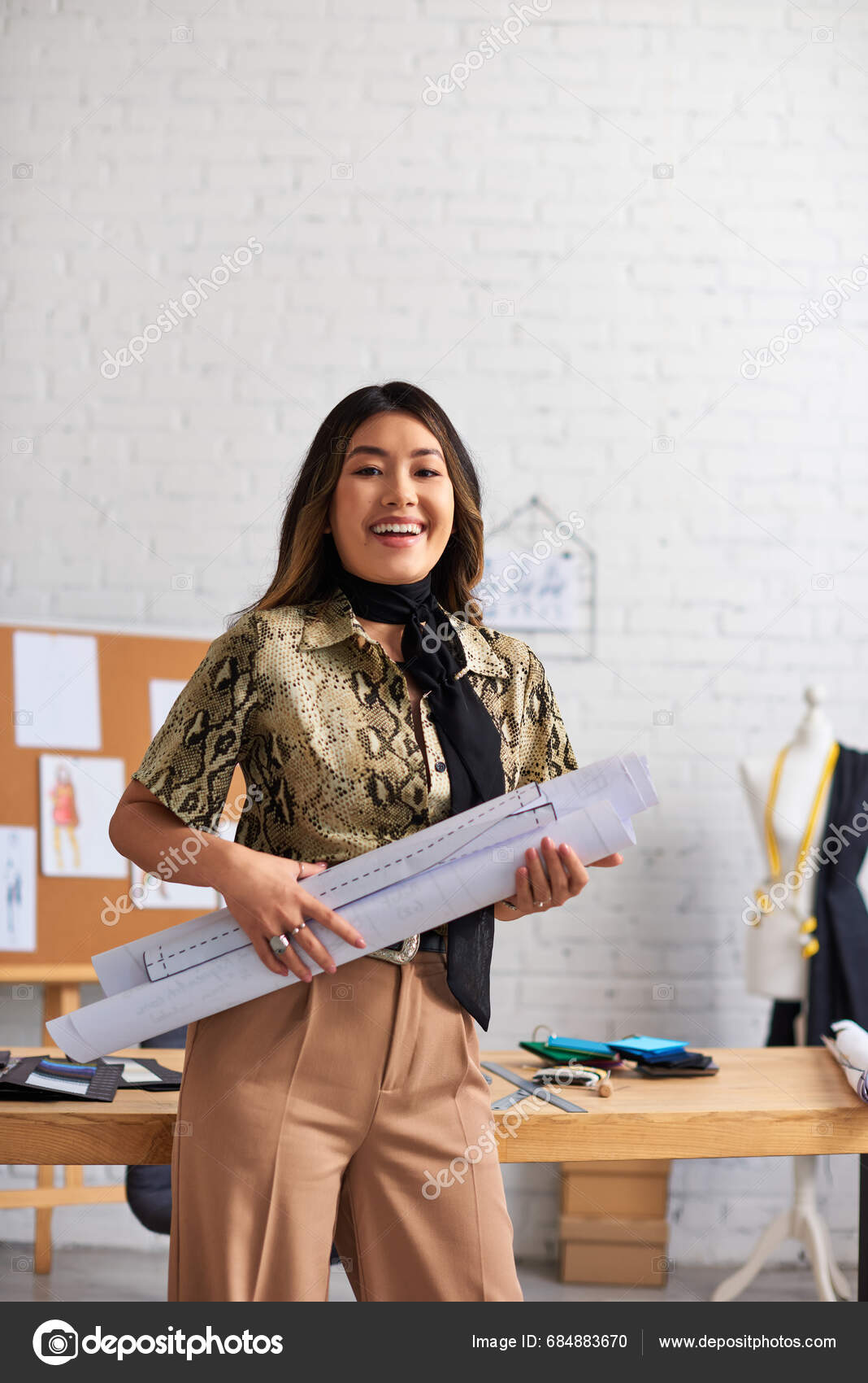 Joyful Successful Asian Designer Sewing Patterns Looking Camera Private ...