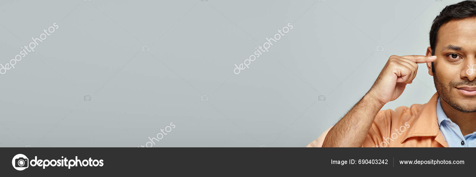 Happy Handsome Indian Man Orange Jacket Posing Finger His Head — Stock ...