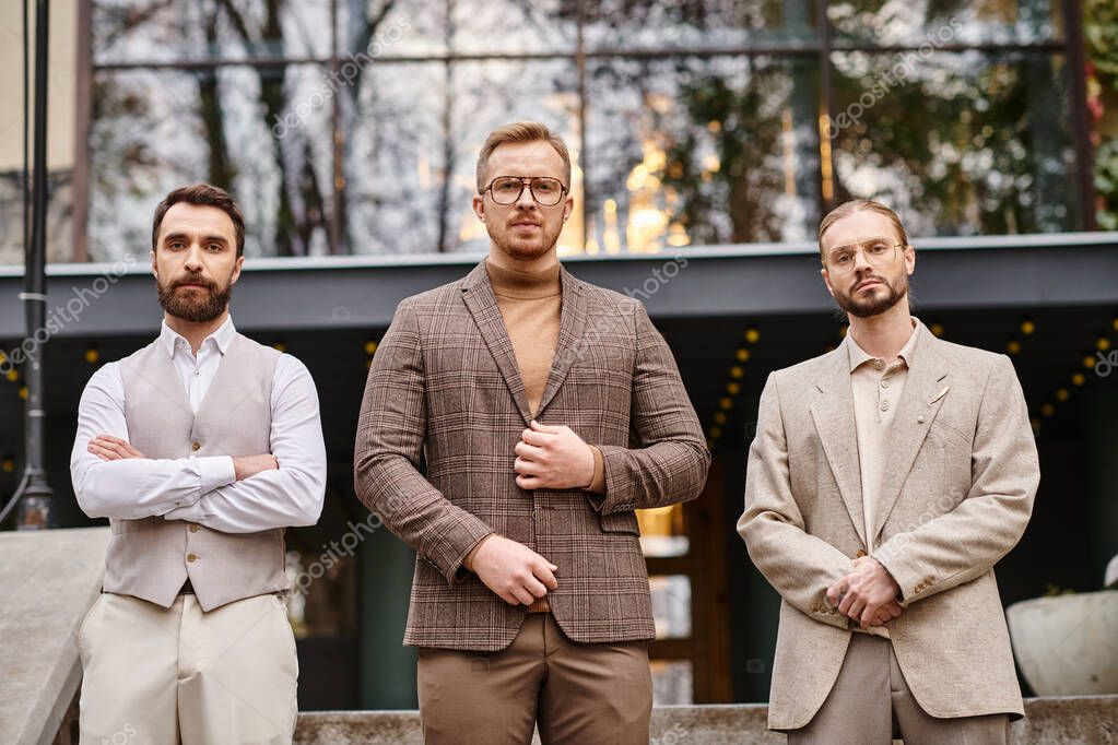 líderes empresariales guapos concentrados en ropa elegante posando ...