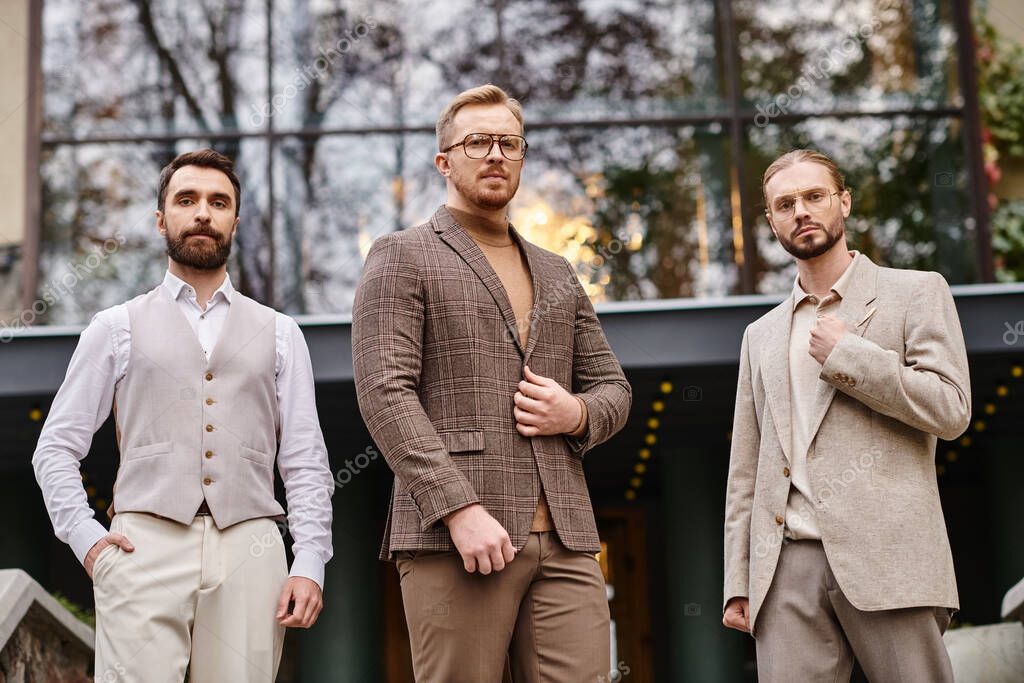 Líderes empresariales concentrados y bien parecidos en trajes elegantes ...
