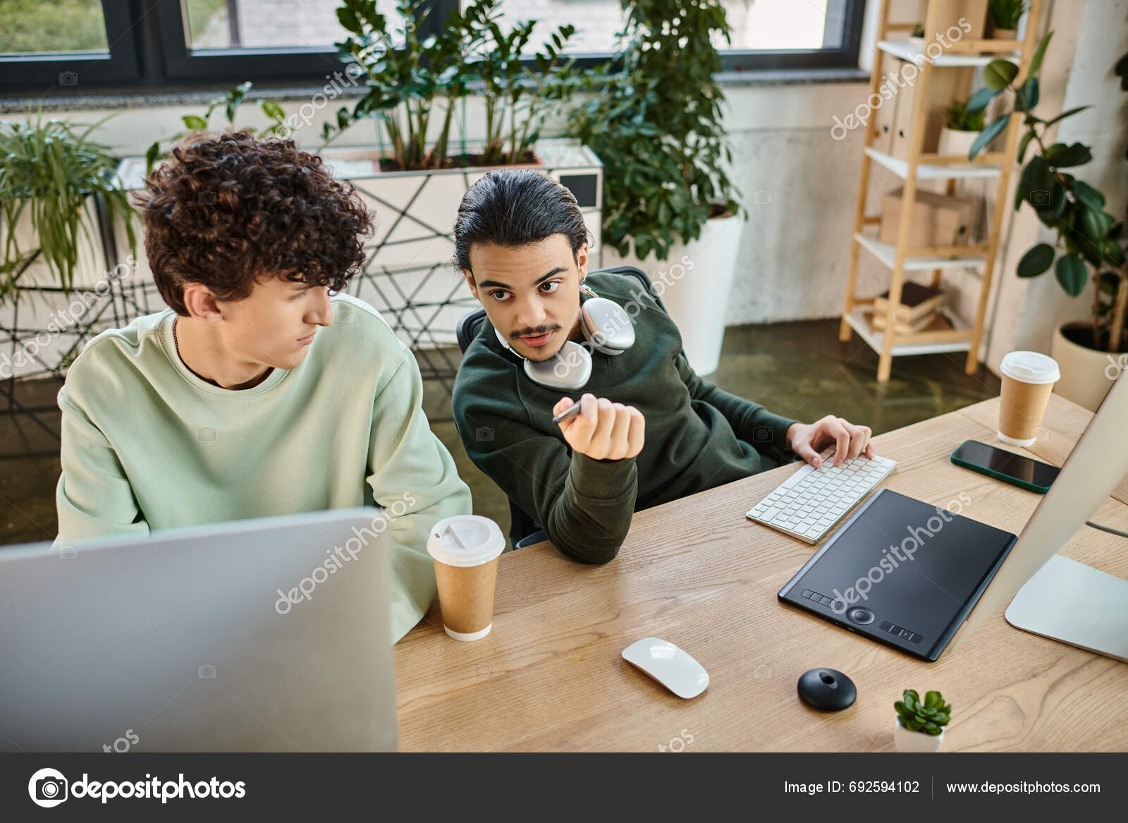 Coworkers Collaborating Retouching Tasks Post Production Office Men 20S ...