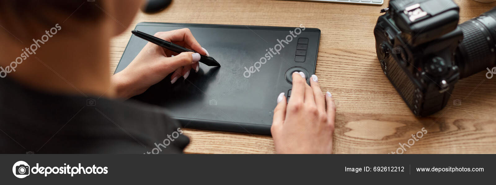 Cropped View Young Female Designer Sitting Desk Using Her Drawing ...