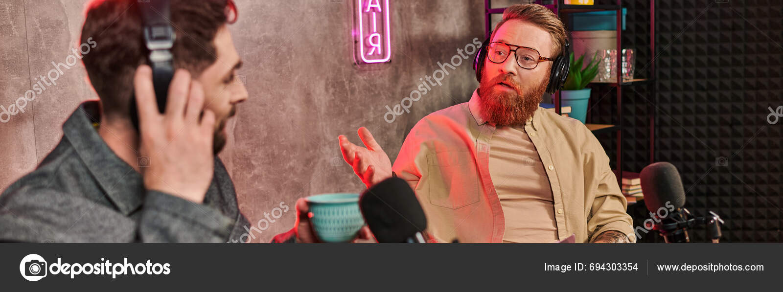 Handsome Interviewer Stylish Attire Discussing Questions His Guest ...