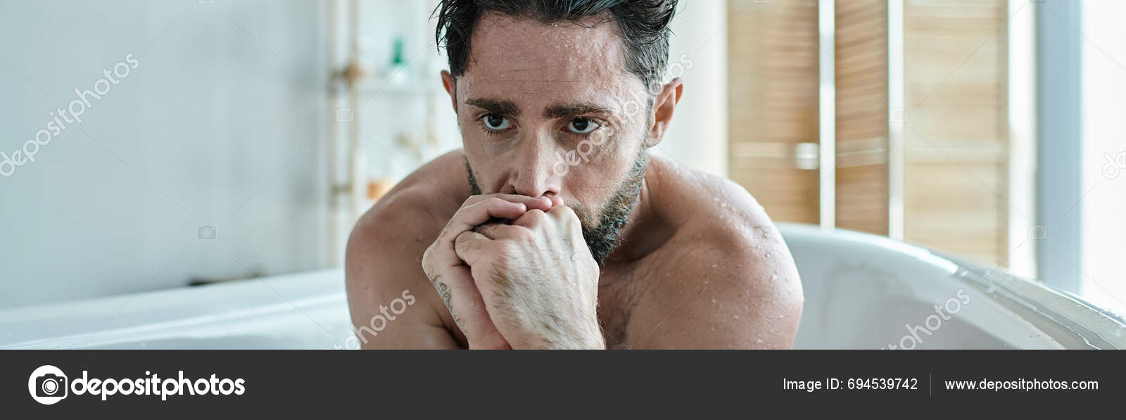 Sick Man Sitting Bathtub Hands Face Breakdown Mental Health Awareness ...