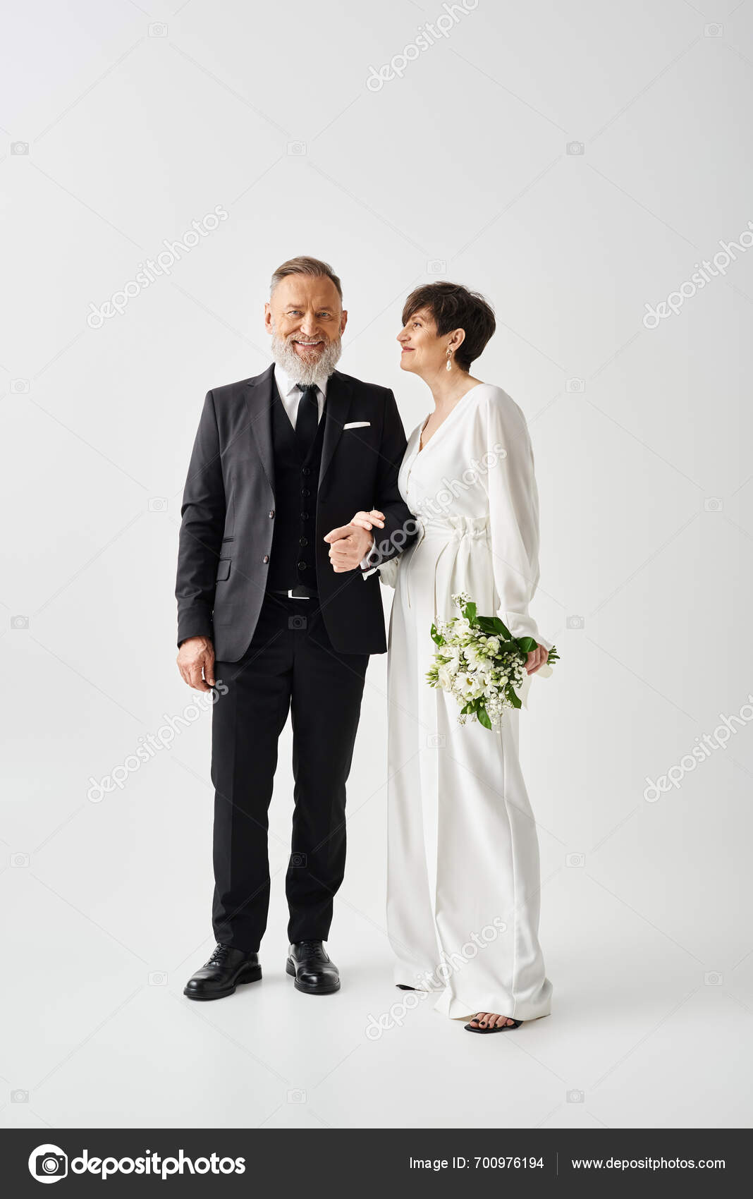 Middle Aged Bride Groom Wedding Attire Celebrating Special Day Studio ...