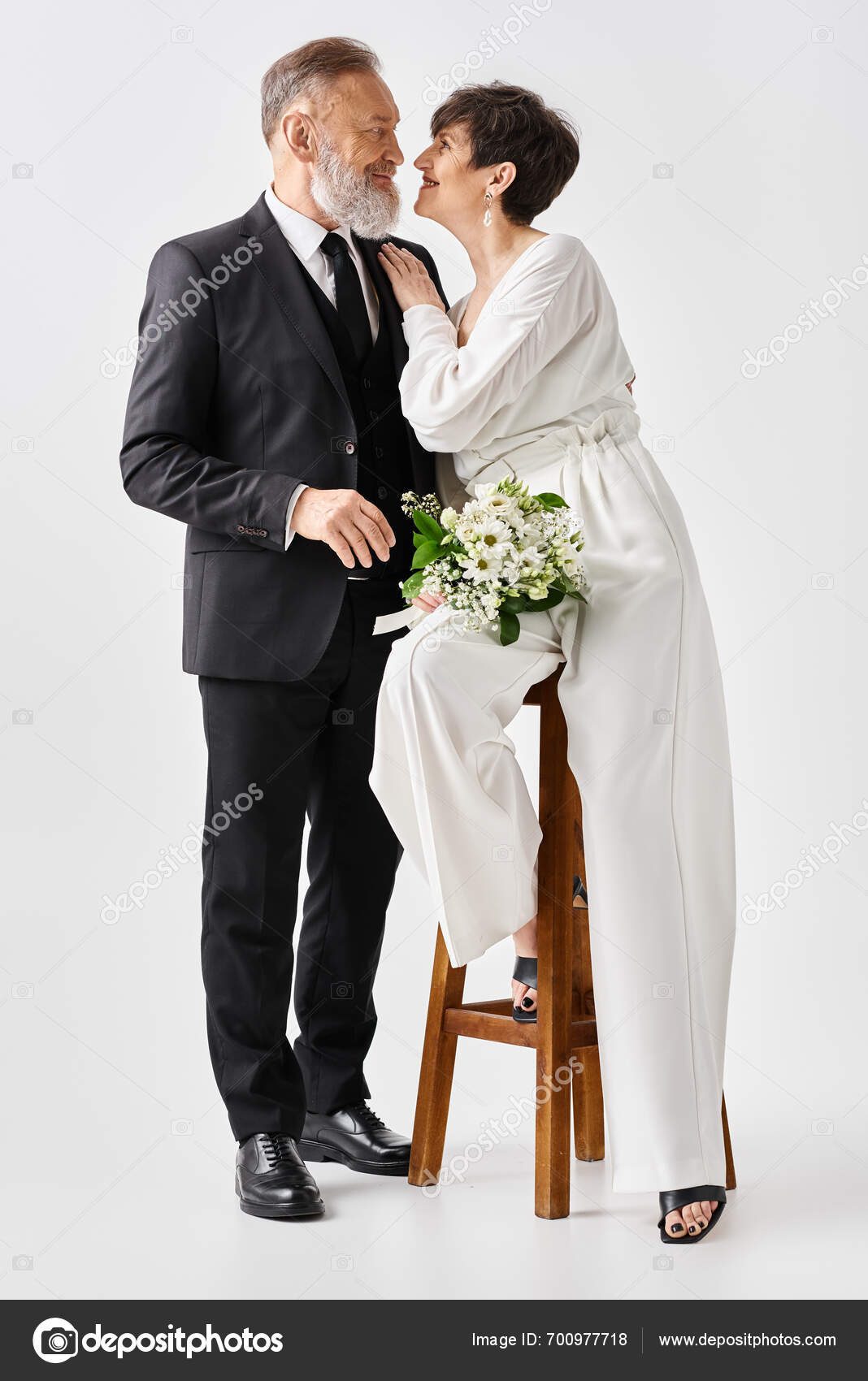 Middle Aged Bride Groom Dressed Wedding Gowns Sit Together Chair ...