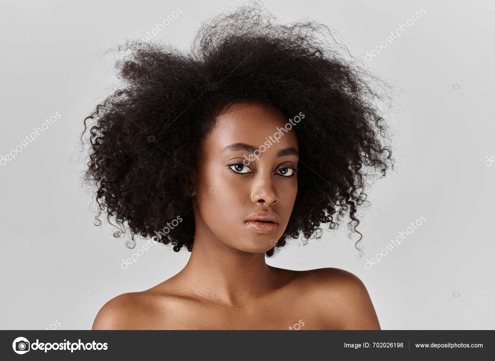 Young African American Woman Curly Hair Strikes Stylish Pose Studio ...